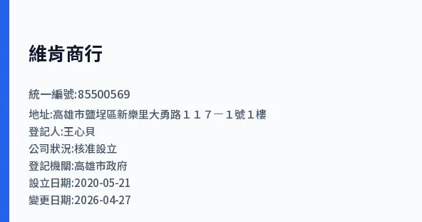 維肯商行的照片-統編 85500569(高雄市) 公司登記資料與營業項目詳細圖表