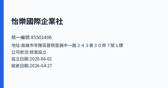 怡樂國際企業社的照片-統編 85502406(高雄市) 公司登記資料與營業項目詳細圖表