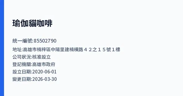 瑜伽貓咖啡的照片-統編 85502790(高雄市) 公司登記資料與營業項目詳細圖表
