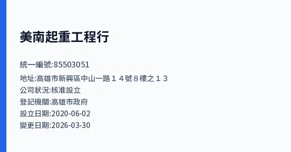 美南起重工程行的照片-統編 85503051(高雄市) 公司登記資料與營業項目詳細圖表