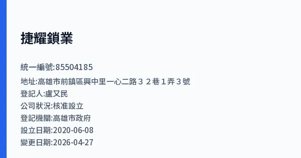 捷耀鎖業的照片-統編 85504185(高雄市) 公司登記資料與營業項目詳細圖表