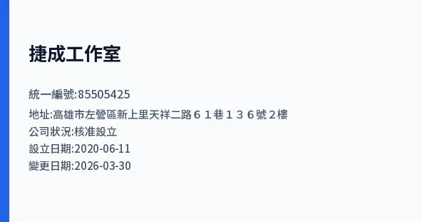 捷成工作室的照片-統編 85505425(高雄市) 公司登記資料與營業項目詳細圖表