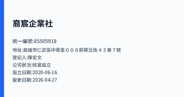 裔宸企業社的照片-統編 85505918(高雄市) 公司登記資料與營業項目詳細圖表