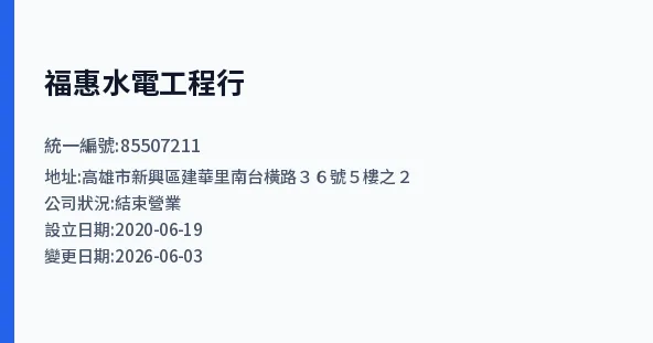 福惠水電工程行的照片-統編 85507211(高雄市) 公司登記資料與營業項目詳細圖表