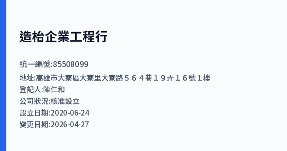 造枱企業工程行的照片-統編 85508099(高雄市) 公司登記資料與營業項目詳細圖表
