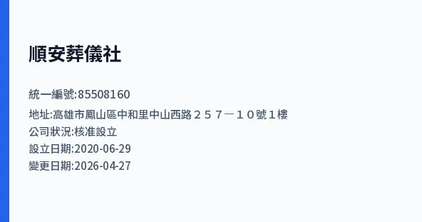 順安葬儀社的照片-統編 85508160(高雄市) 公司登記資料與營業項目詳細圖表