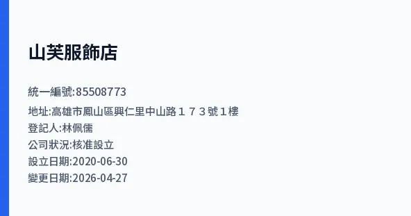 山芙服飾店的照片-統編 85508773(高雄市) 公司登記資料與營業項目詳細圖表