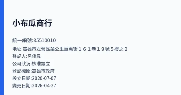 小布瓜商行的照片-統編 85510010(高雄市) 公司登記資料與營業項目詳細圖表