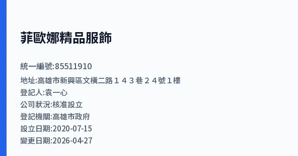 菲歐娜精品服飾的照片-統編 85511910(高雄市) 公司登記資料與營業項目詳細圖表