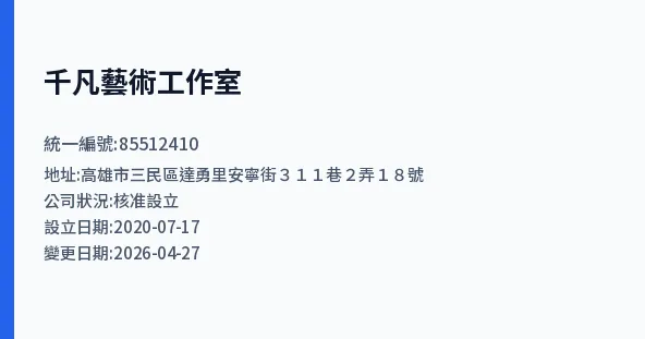千凡藝術工作室的照片-統編 85512410(高雄市) 公司登記資料與營業項目詳細圖表