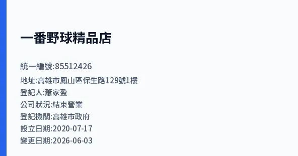 一番野球精品店的照片-統編 85512426(高雄市) 公司登記資料與營業項目詳細圖表