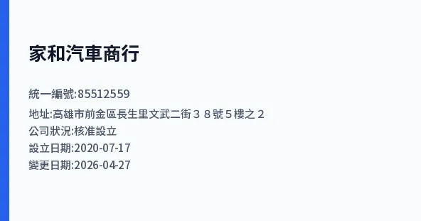 家和汽車商行的照片-統編 85512559(高雄市) 公司登記資料與營業項目詳細圖表