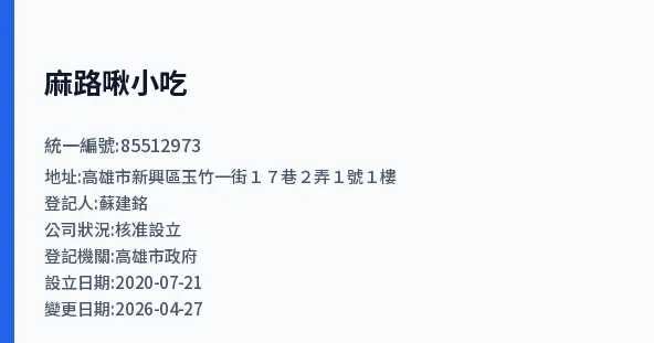 麻路啾小吃的照片-統編 85512973(高雄市) 公司登記資料與營業項目詳細圖表