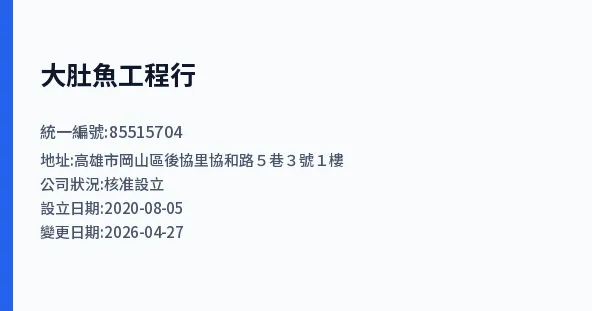 大肚魚工程行的照片-統編 85515704(高雄市) 公司登記資料與營業項目詳細圖表