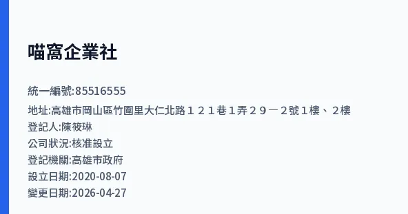 喵窩企業社的照片-統編 85516555(高雄市) 公司登記資料與營業項目詳細圖表
