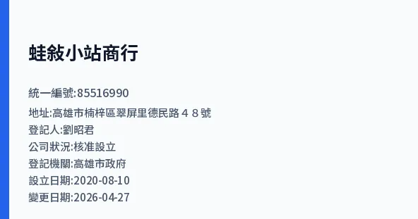 蛙敍小站商行的照片-統編 85516990(高雄市) 公司登記資料與營業項目詳細圖表