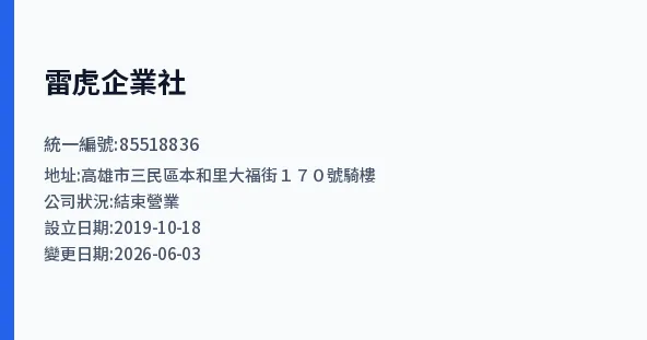雷虎企業社的照片-統編 85518836(高雄市) 公司登記資料與營業項目詳細圖表