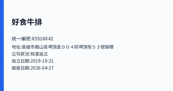 好食牛排的照片-統編 85518842(高雄市) 公司登記資料與營業項目詳細圖表