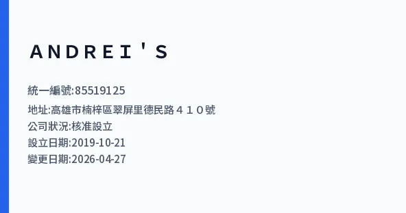 ANDREI'S的照片-統編 85519125(高雄市) 公司登記資料與營業項目詳細圖表