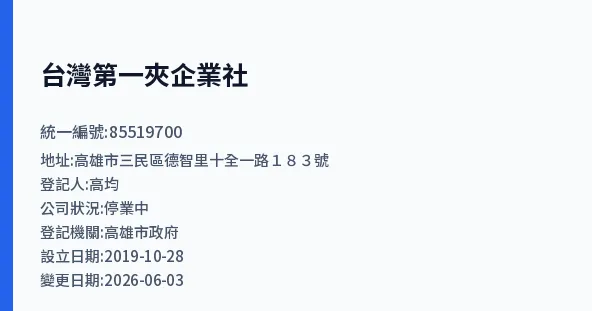 台灣第一夾企業社的照片-統編 85519700(高雄市) 公司登記資料與營業項目詳細圖表