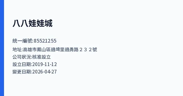 八八娃娃城的照片-統編 85521255(高雄市) 公司登記資料與營業項目詳細圖表