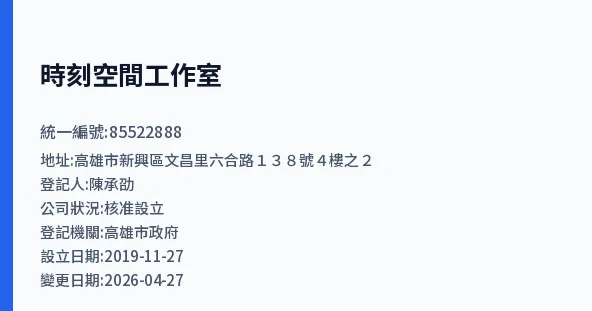 時刻空間工作室的照片-統編 85522888(高雄市) 公司登記資料與營業項目詳細圖表