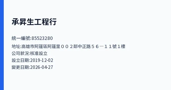 承昇生工程行的照片-統編 85523280(高雄市) 公司登記資料與營業項目詳細圖表