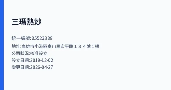 三瑪熱炒的照片-統編 85523388(高雄市) 公司登記資料與營業項目詳細圖表