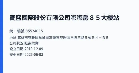 寶盛國際股份有限公司嘟嘟房85大樓站的照片-統編 85524035(高雄市) 公司登記資料與營業項目詳細圖表