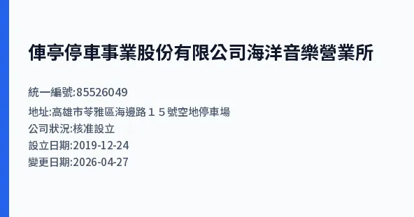 俥亭停車事業股份有限公司海洋音樂營業所的照片-統編 85526049(高雄市) 公司登記資料與營業項目詳細圖表
