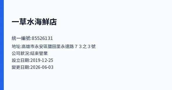 一草水海鮮店的照片-統編 85526131(高雄市) 公司登記資料與營業項目詳細圖表