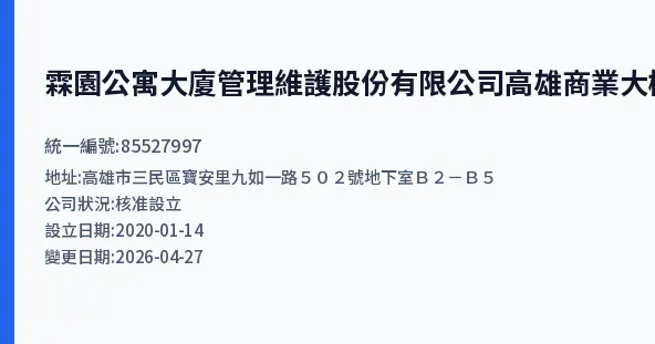 霖園公寓大廈管理維護股份有限公司高雄商業大樓停車場的照片-統編 85527997(高雄市) 公司登記資料與營業項目詳細圖表
