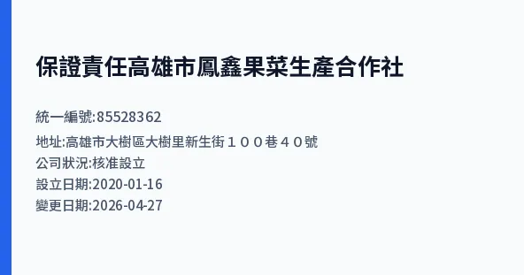 保證責任高雄市鳳鑫果菜生產合作社的照片-統編 85528362(高雄市) 公司登記資料與營業項目詳細圖表