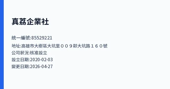 真荔企業社的照片-統編 85529221(高雄市) 公司登記資料與營業項目詳細圖表