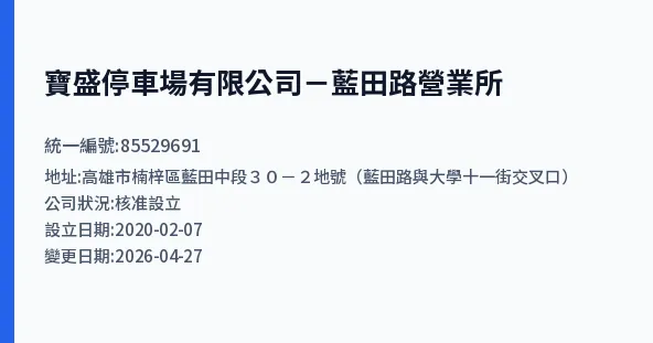 寶盛停車場有限公司-藍田路營業所的照片-統編 85529691(高雄市) 公司登記資料與營業項目詳細圖表