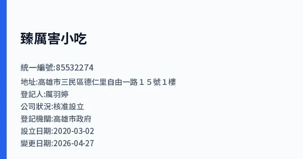 臻厲害小吃的照片-統編 85532274(高雄市) 公司登記資料與營業項目詳細圖表