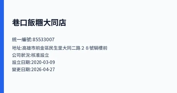 巷口飯糰大同店的照片-統編 85533007(高雄市) 公司登記資料與營業項目詳細圖表