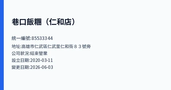 巷口飯糰(仁和店)的照片-統編 85533344(高雄市) 公司登記資料與營業項目詳細圖表