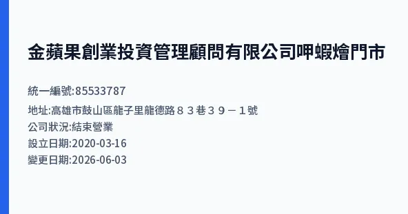 金蘋果創業投資管理顧問有限公司呷蝦燴門市的照片-統編 85533787(高雄市) 公司登記資料與營業項目詳細圖表
