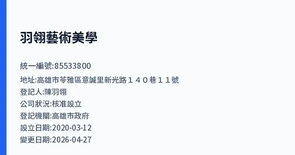 羽翎藝術美學的照片-統編 85533800(高雄市) 公司登記資料與營業項目詳細圖表