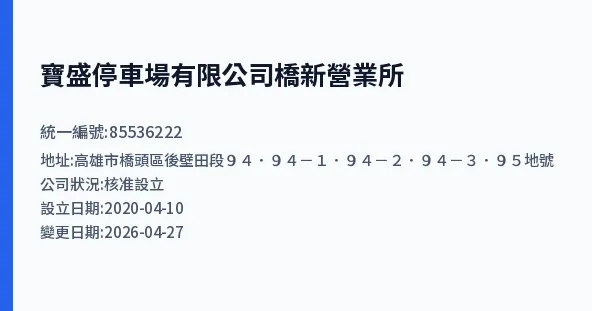 寶盛停車場有限公司橋新營業所的照片-統編 85536222(高雄市) 公司登記資料與營業項目詳細圖表