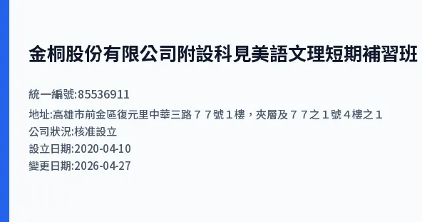 金桐股份有限公司附設科見美語文理短期補習班的照片-統編 85536911(高雄市) 公司登記資料與營業項目詳細圖表