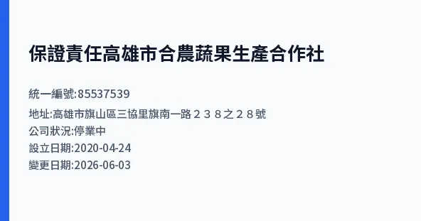 保證責任高雄市合農蔬果生產合作社的照片-統編 85537539(高雄市) 公司登記資料與營業項目詳細圖表