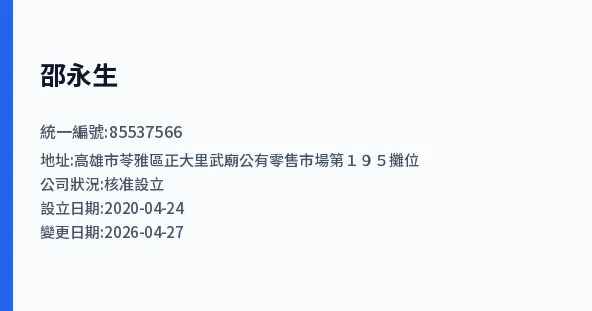 邵永生的照片-統編 85537566(高雄市) 公司登記資料與營業項目詳細圖表