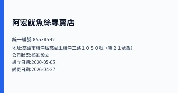 阿宏魷魚絲專賣店的照片-統編 85538592(高雄市) 公司登記資料與營業項目詳細圖表
