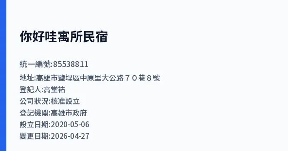 你好哇寓所民宿的照片-統編 85538811(高雄市) 公司登記資料與營業項目詳細圖表