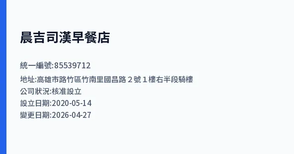 晨吉司漢早餐店的照片-統編 85539712(高雄市) 公司登記資料與營業項目詳細圖表
