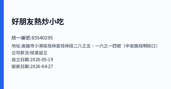 好朋友熱炒小吃的照片-統編 85540295(高雄市) 公司登記資料與營業項目詳細圖表