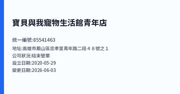寶貝與我寵物生活館青年店的照片-統編 85541463(高雄市) 公司登記資料與營業項目詳細圖表