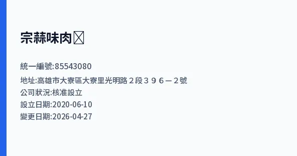宗蒜味肉焿的照片-統編 85543080(高雄市) 公司登記資料與營業項目詳細圖表